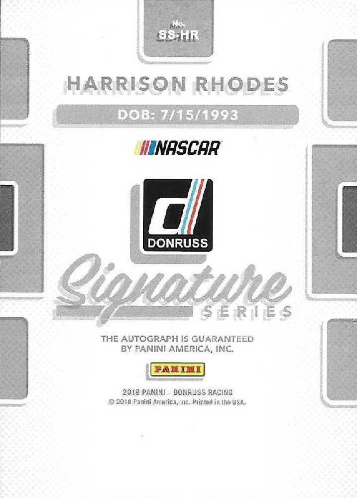 2018 DONRUSS RACING HARRISON RHODES ~SIGNATURE SERIES~ AUTO INSERT #SS ...