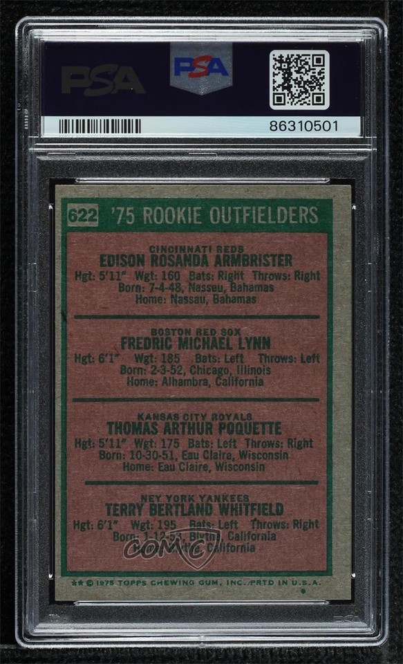 1975 Topps Outfielders Ed Armbrister Fred Lynn Terry Whitfield PSA 6 ...