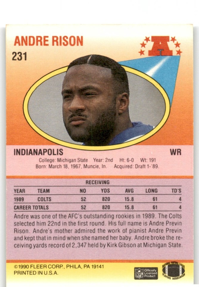 1990 FLEER ANDRE RISON INDIANAPOLIS COLTS #231 | eBay