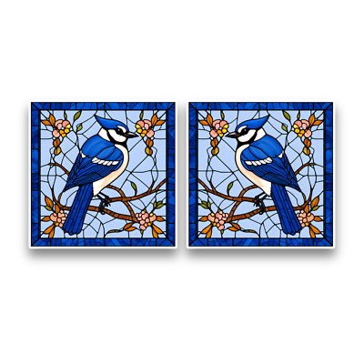 2x Small Blue Jay Bird Stained Glass Opaque Square Vinyl Sticker Decals ...