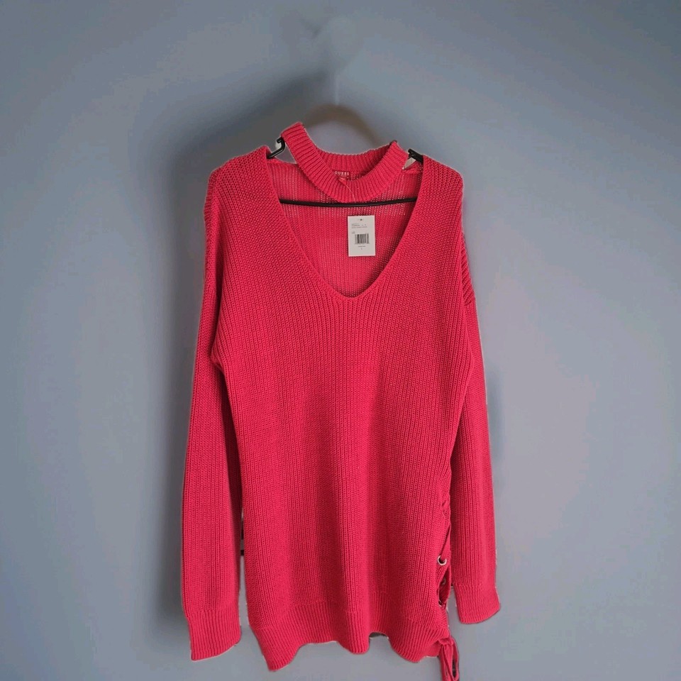 NWT GUESS Alexya Chocker Sweater Popping PINK Size Large | eBay UK