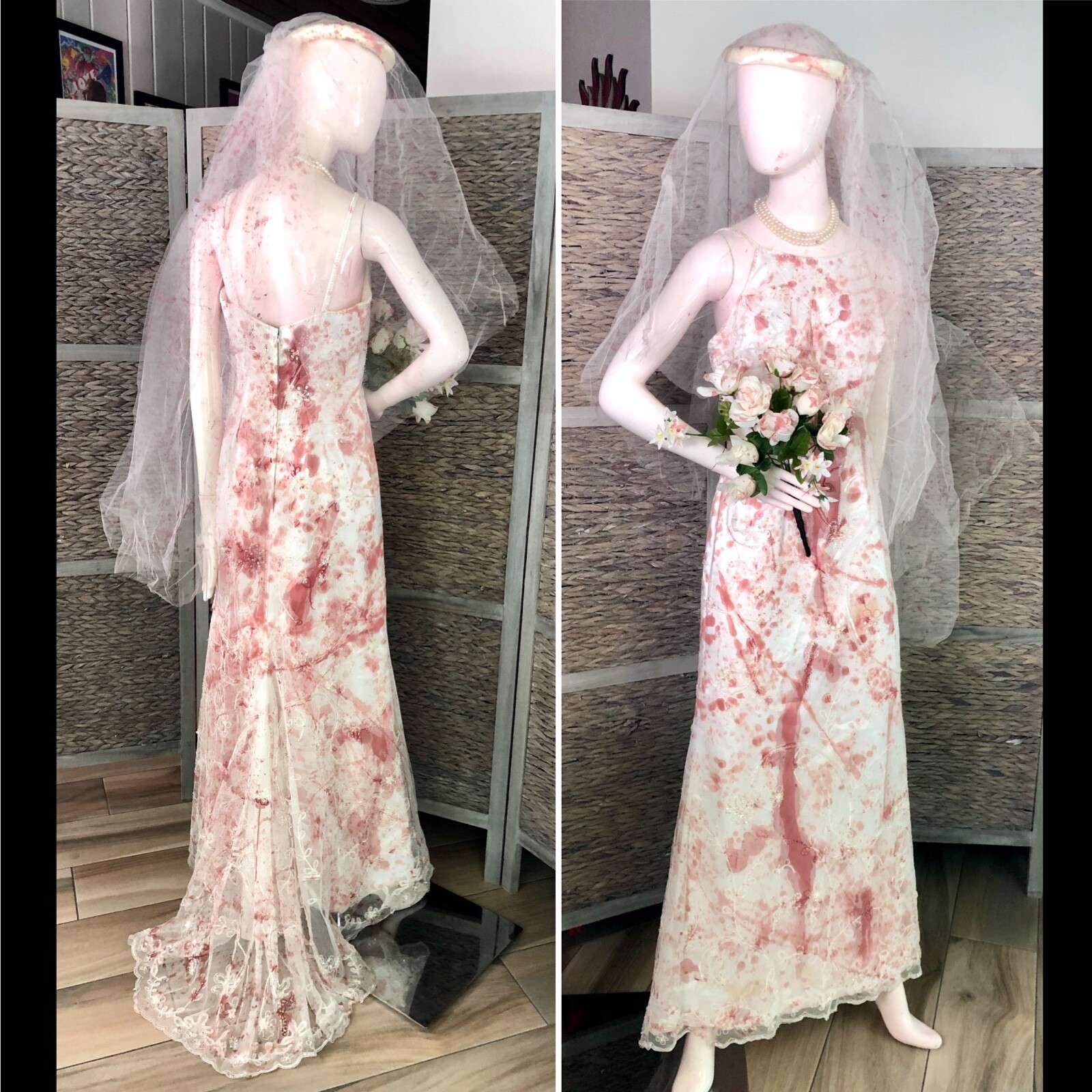 4 Pc Zombie Corpse Dead Bride Costume Set Bloody Gory Wedding Gown Veil ...