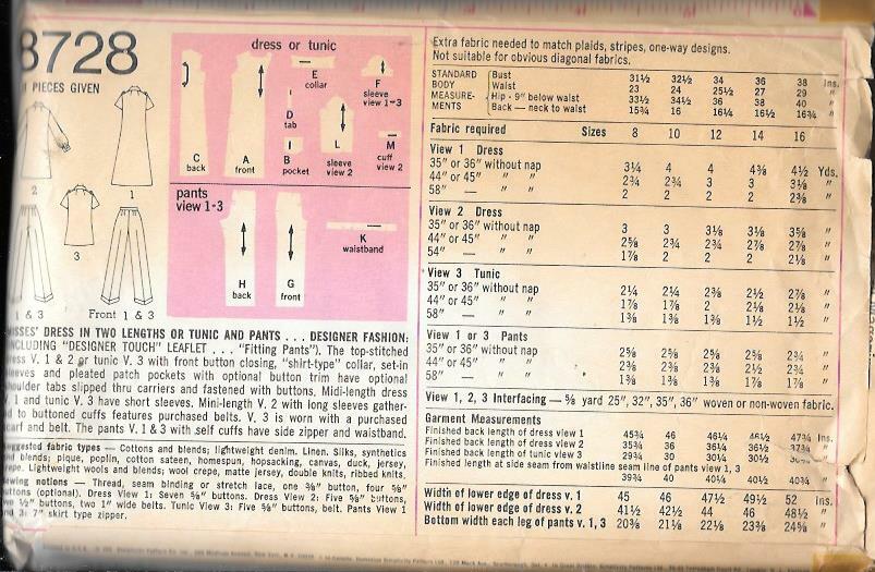 Vintage Simplicity #8728 Sewing Misses Safari Styke Dress Tunic Pants ...