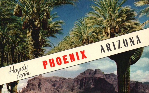 Postcard AZ Howdy from Phoenix Date Palms Superstition Mountain Vintage ...