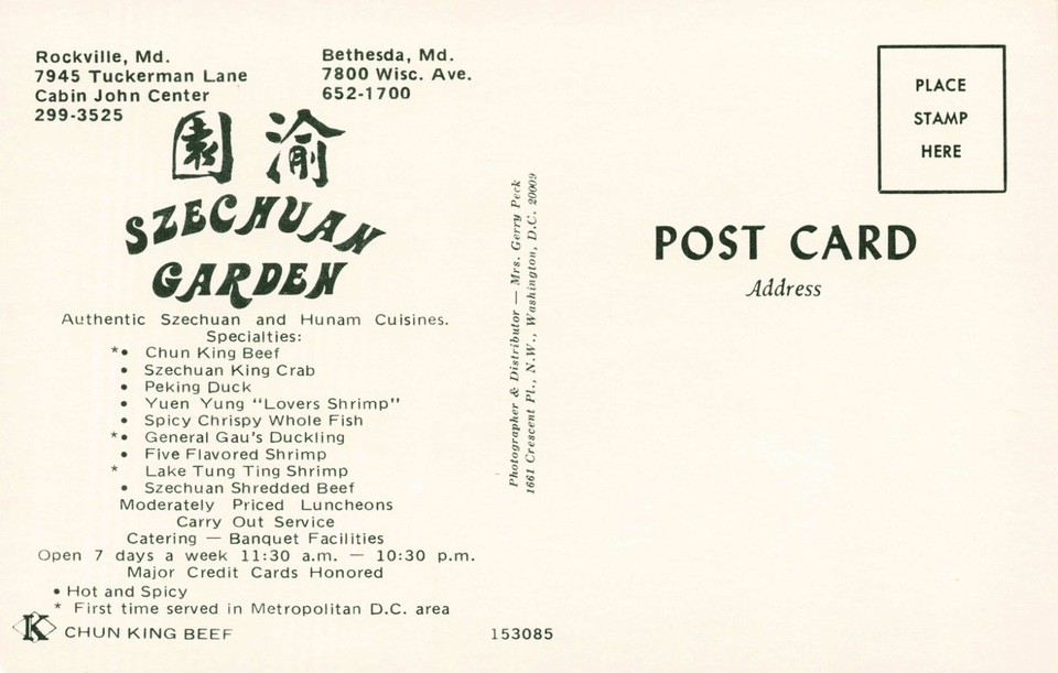 Chun King Beef Maryland Szechuan Garden Restaurant Vintage Postcard ...