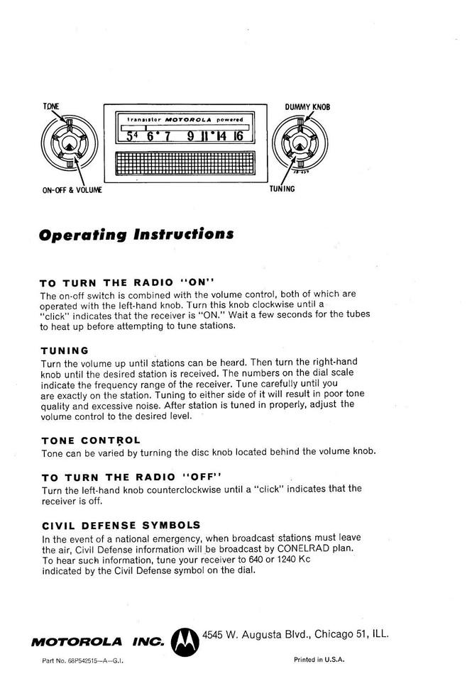 1958 Motorola Chevrolet Auto Radio Owner Guide Manual Model CTM8x ...