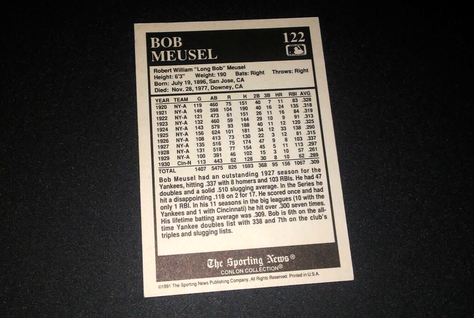 THE SPORTING NEWS 1991 BOB MEUSEL New York Yankees Outfield 1927 #122-L ...
