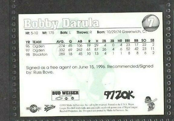 1999 Multi-Ad #7 Bobby Darula Beloit Snappers Baseball Signed Autograph ...