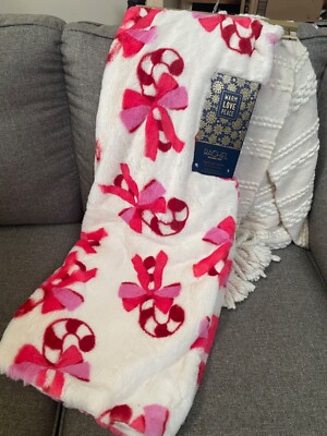 Rachel Roy CANDY CANE BOW Christmas Throw Blanket Oversized Faux Fur ...