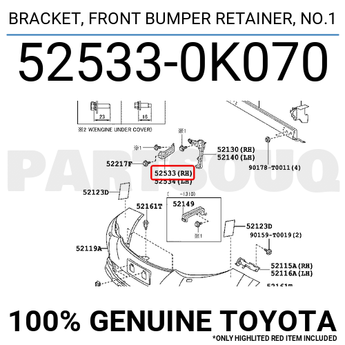 525330K070 Genuine Toyota BRACKET, FRONT BUMPER RETAINER, NO.1 52533 ...