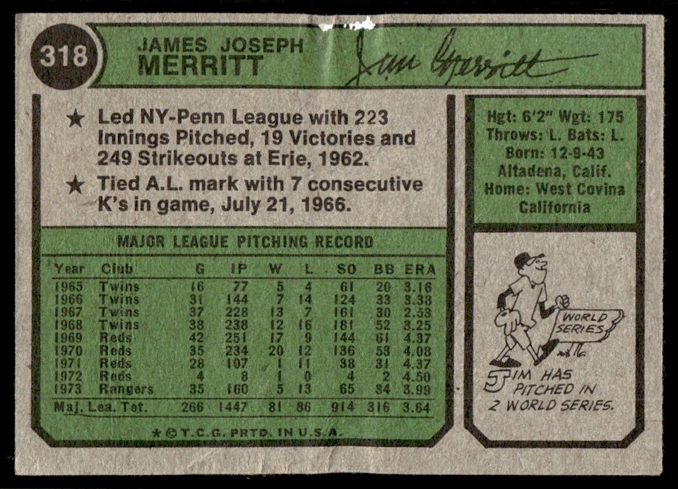 Jim Merritt 1974 Topps #318 Texas Rangers 33485 Baseball Card | eBay