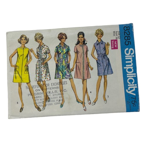 1969 SIMPLICITY #8285 - LADIES ( 5 STYLE ) RETRO HOUSE DRESS PATTERN Sz ...