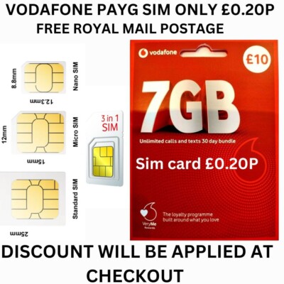 New Vodafone Sim Card Pay As You Go PAYG Standard, Micro & Nano Size UK ...