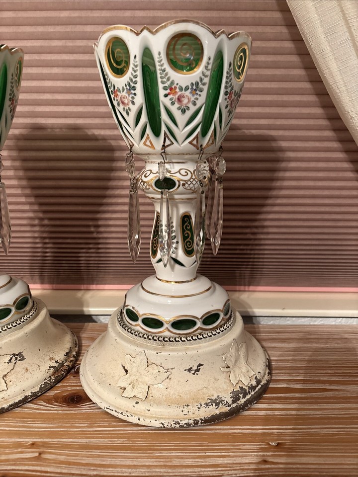 Antique Pair Czech Bohemian Mantle Luster Lamps ~ Cased Glass White Cut ...