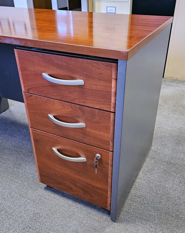BUSH Executive Gray & Cherry L-Shaped OFFICE DESK * w FILE DRAWER UNIT ...