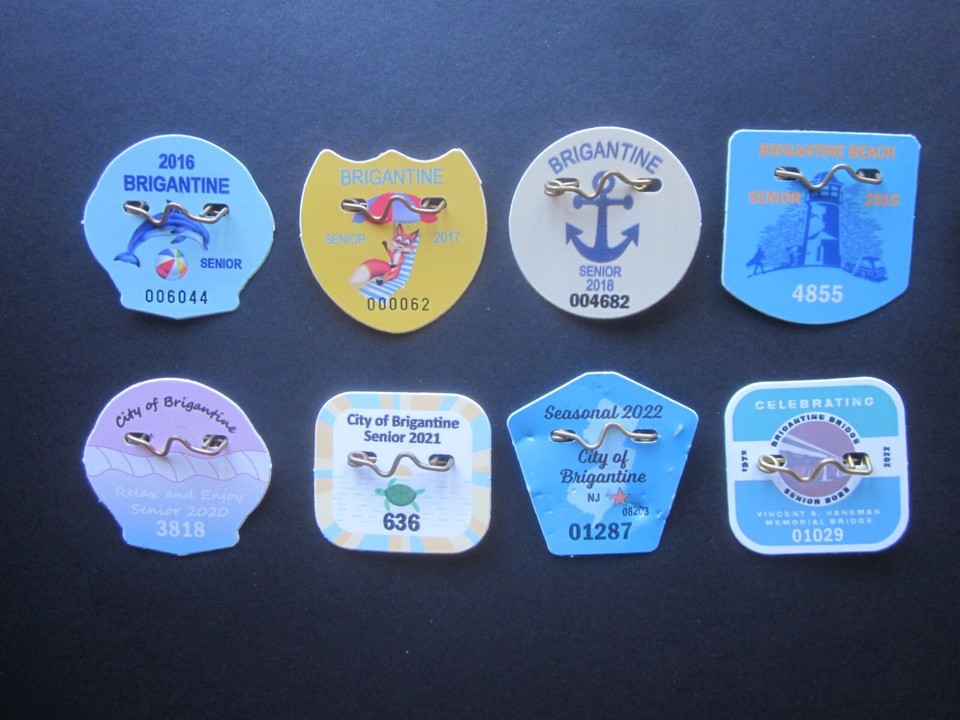 8 YEARS BRIGANTINE NEW JERSEY SEASONAL SENIOR BEACH BADGES/TAGS | eBay