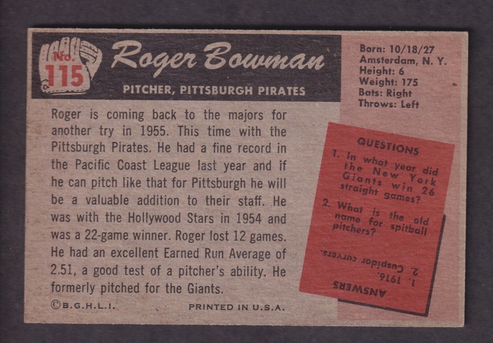 Roger Bowman 1955 Bowman #115 VGEX LA | eBay