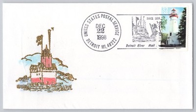Detroit, MI River Mail cancel, 32c lighthouse stamp, Modern 1998 ...