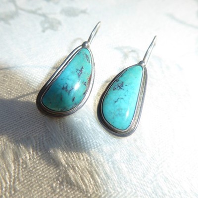 NATIVE AMERICAN STERLING SILVER BLUE TURQUOISE NAVAJO DANGLE EARRINGS ...