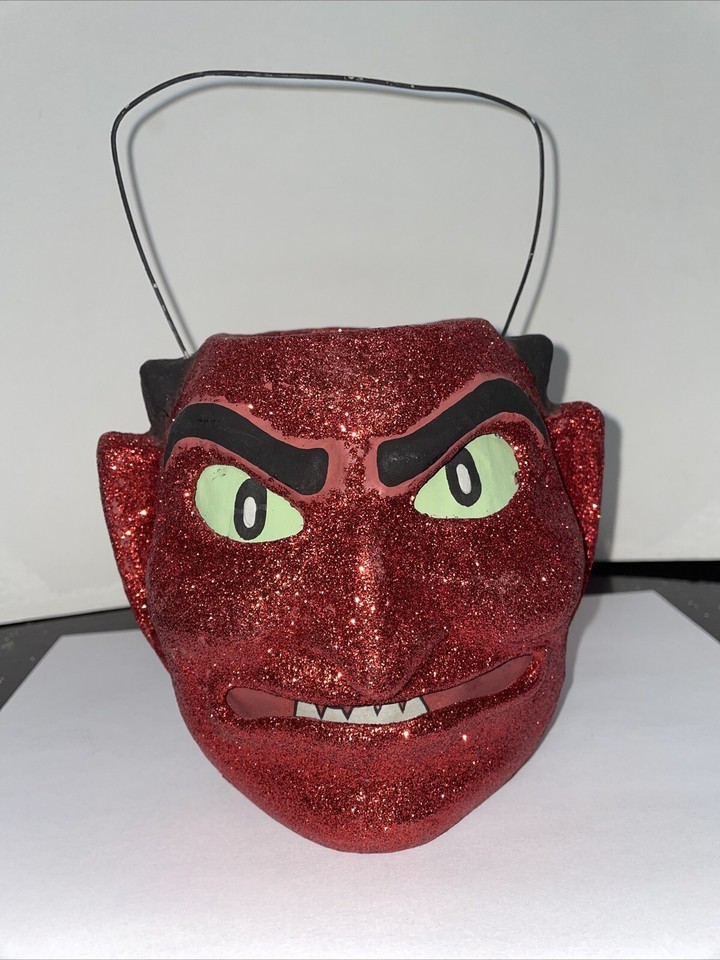 Large Halloween Paper Mache Red Glitter Devil Demon Lantern or Candy ...