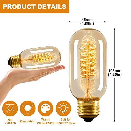 Edison Bulbs,4-Pack Vingtage Filament Light Bulb,T45 2700K Warm Light ...