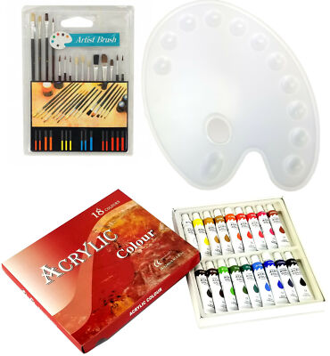 Painting Starter Kit 18 Color Acrylic Paints, 15 Brushes with Painters ...