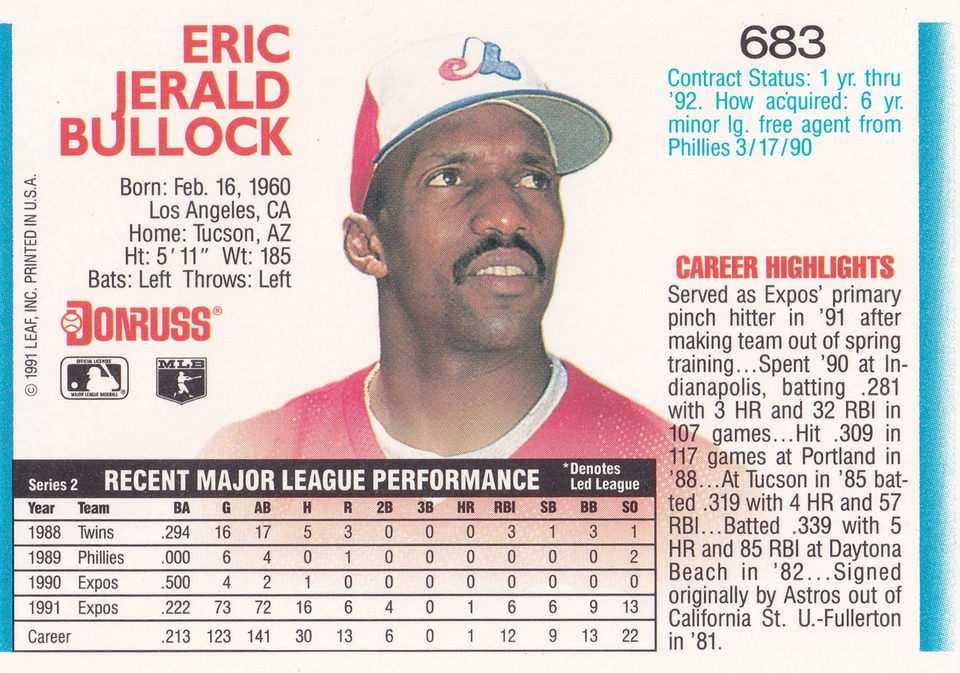 1992 Donruss #683 Eric Bullock Montreal Expos + Yes 4 Free Mystery ...