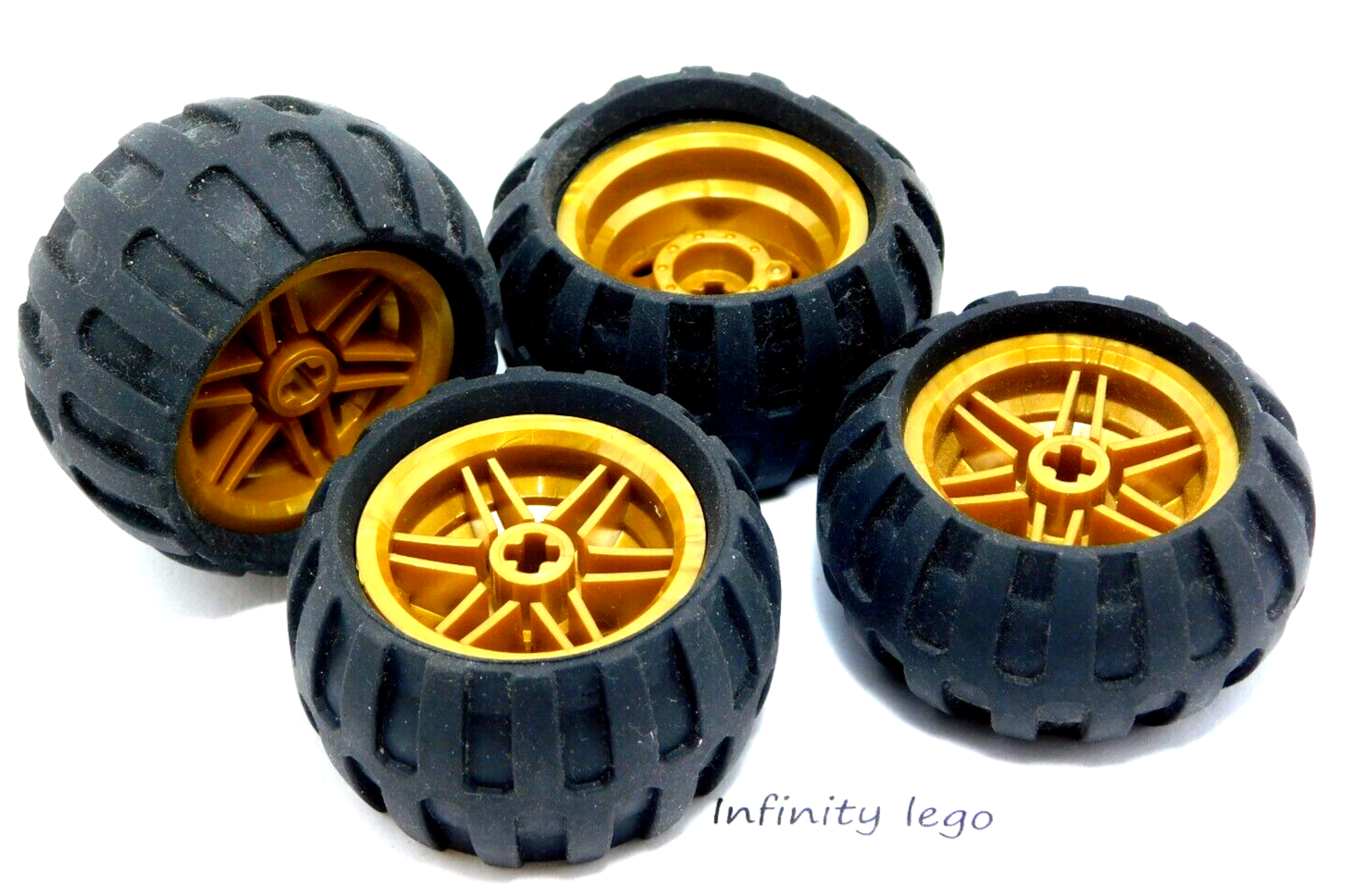 4 LEGO Balloon Tires 43 x 26 Wheel Gold Rims Hub Axle Hole (56145 15413 ...