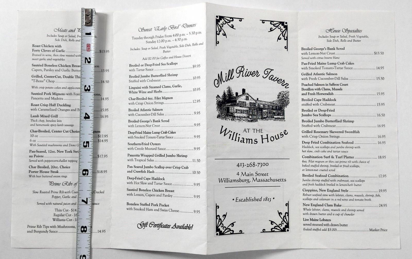 1980's Vintage Take-Out Menu MILL RIVER TAVERN Williams House ...