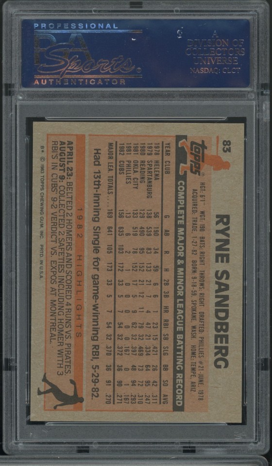 1983 Topps #83 Ryne Sandberg RC Rookie Card PSA 10 GEM MINT Chicago ...
