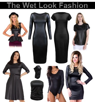 NEW WOMENS WET LOOK PVC SEXY BODYCON MIDI MINI SKATER DRESS BODYSUIT ...