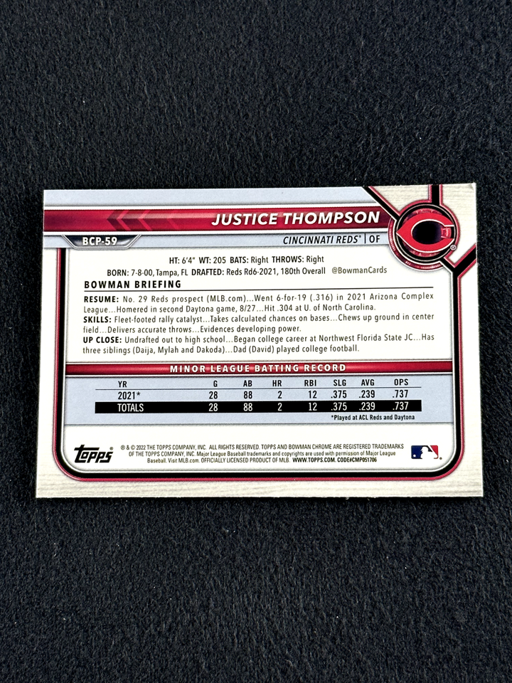 2022 Bowman JUSTICE THOMPSON 1st Bowman Chrome Prospect #BCP-59 ...