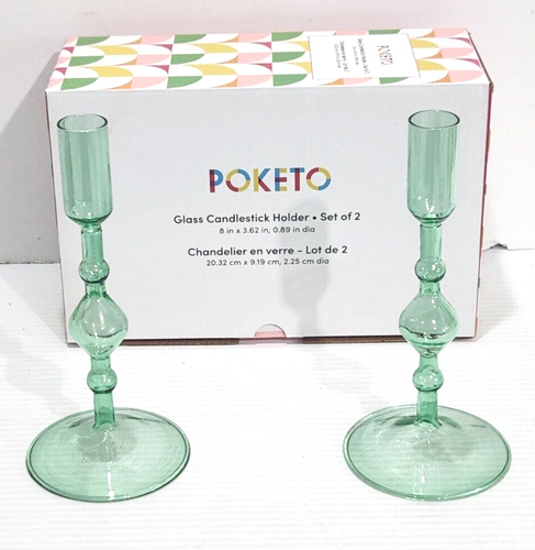 Poketo Glass Candlestick Holders 8" Set Of 2 Green Unique Boho Decor ...