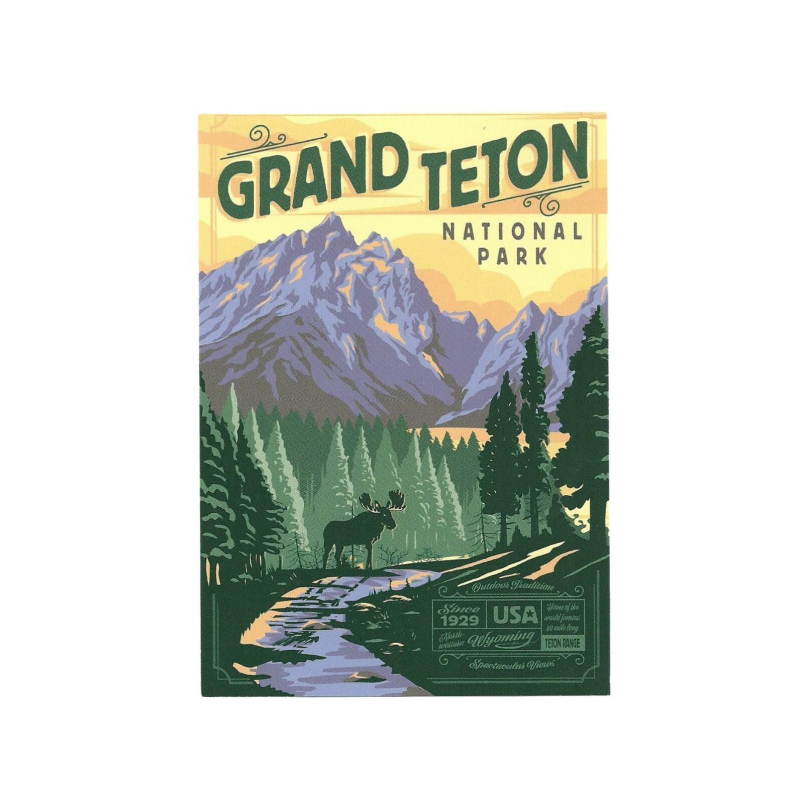 Grand Teton National Park Postcard Mountains Moose Trees Retro Design ...