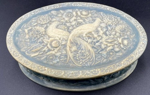 Vintage Genuine Incolay Blue Stone Peacocks/Birds Large Jewelry Trinket ...