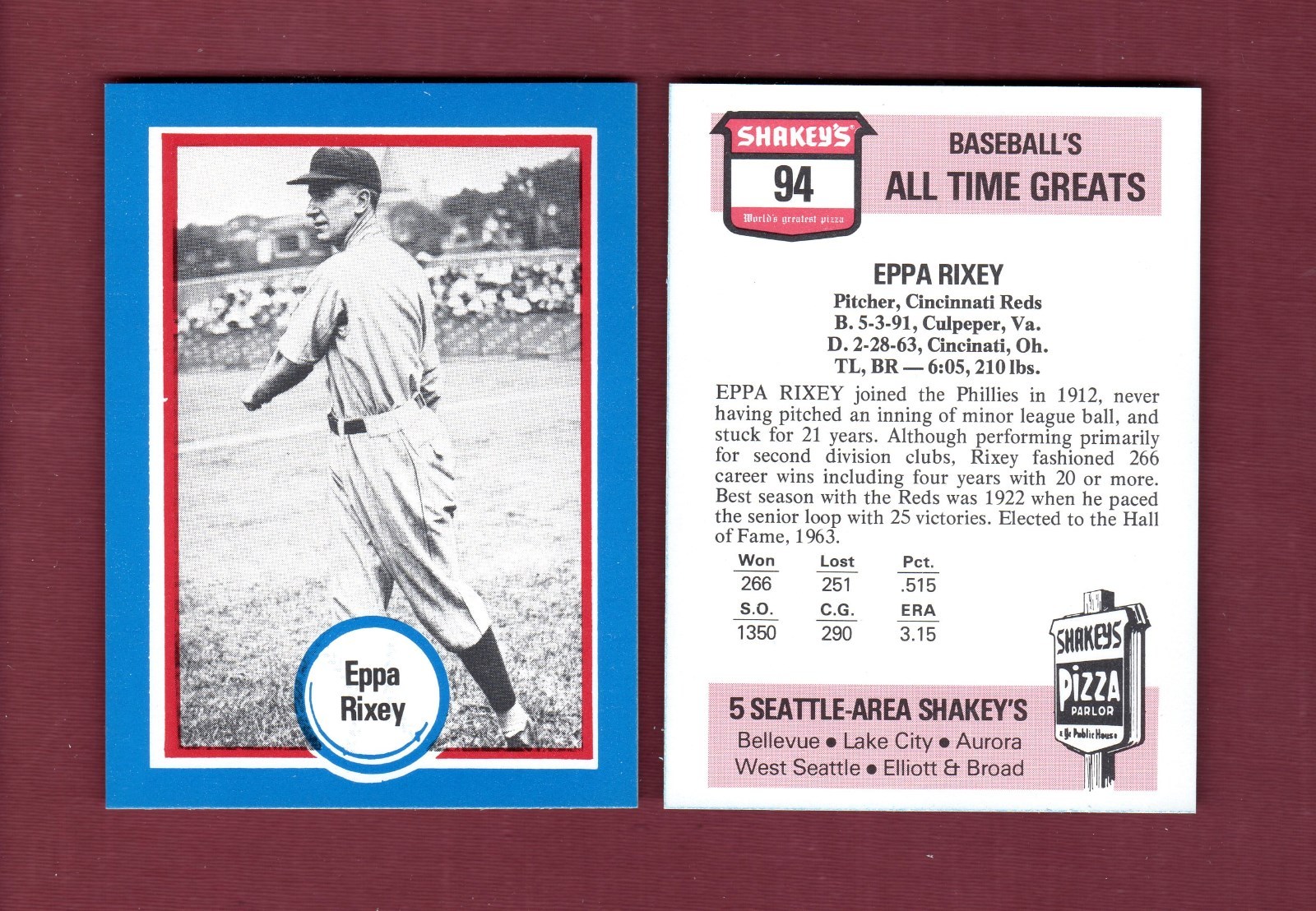 SHAKEYS PIZZA Hall of Fame: #94 EPPA RIXEY, Reds Baseball's All-Time ...
