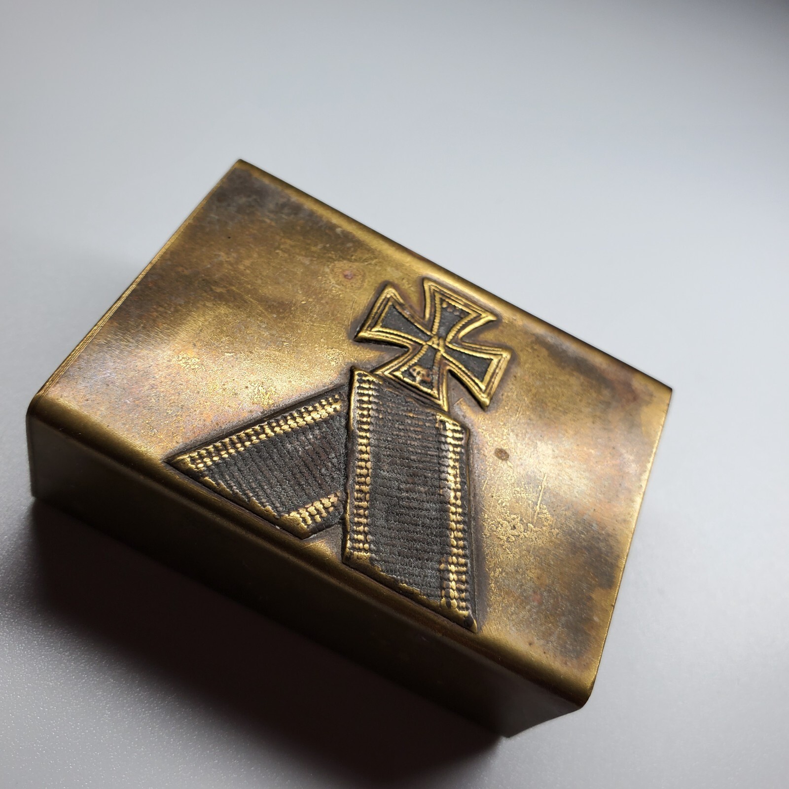 Original WWI WW1 German Iron Cross ribbon match box case brass small ...