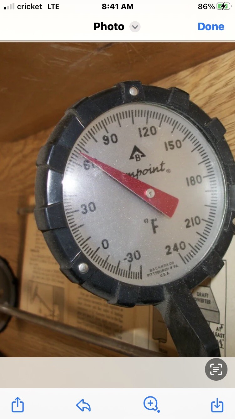 2 BACHARACH TEMPOINT 10-C-49 THERMOMETER WOOD CASE 8-3/8 STEM 3”DIALS ...