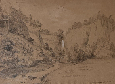 Antique Drawing Original Chinon, Landscape, Trees, Waterfall 19th ...