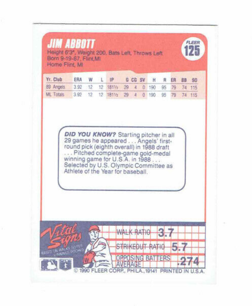 Jim Abbott Angels Pitcher #125 Fleer 1990 #Baseball Card | eBay