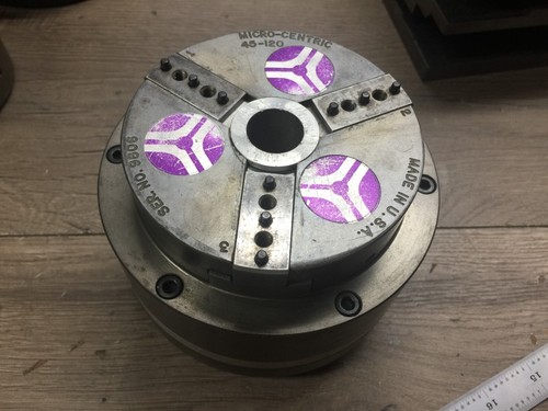 NORTHFIELD 4" PNEUMATIC 45 - 120 THREE-JAW LATHE CHUCK w/ HARDINGE 2 3/ ...