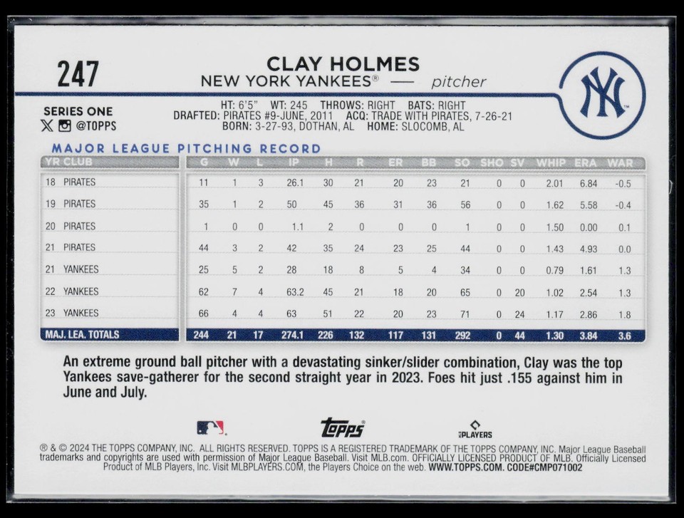 2024 Topps #247 Clay Holmes | eBay