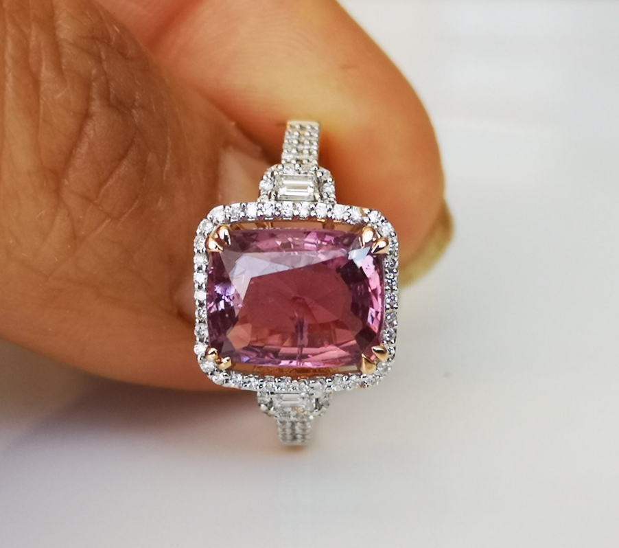 Fine Instant Pink Cushion Cut 2.74CT Sapphire With White CZ Three Stone ...
