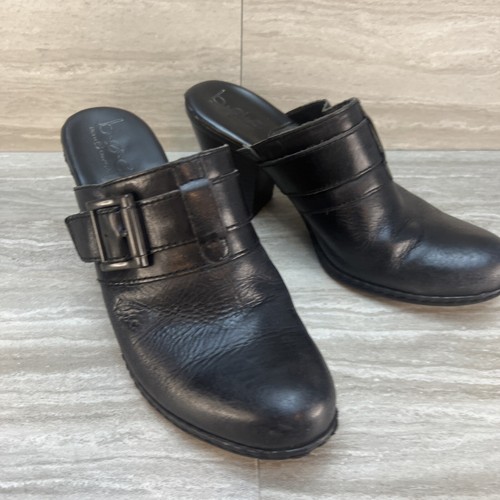 Born BOC Womens Sz 6 / 36.5 Clog Mule Heel Shoes Black Leather Buckle ...
