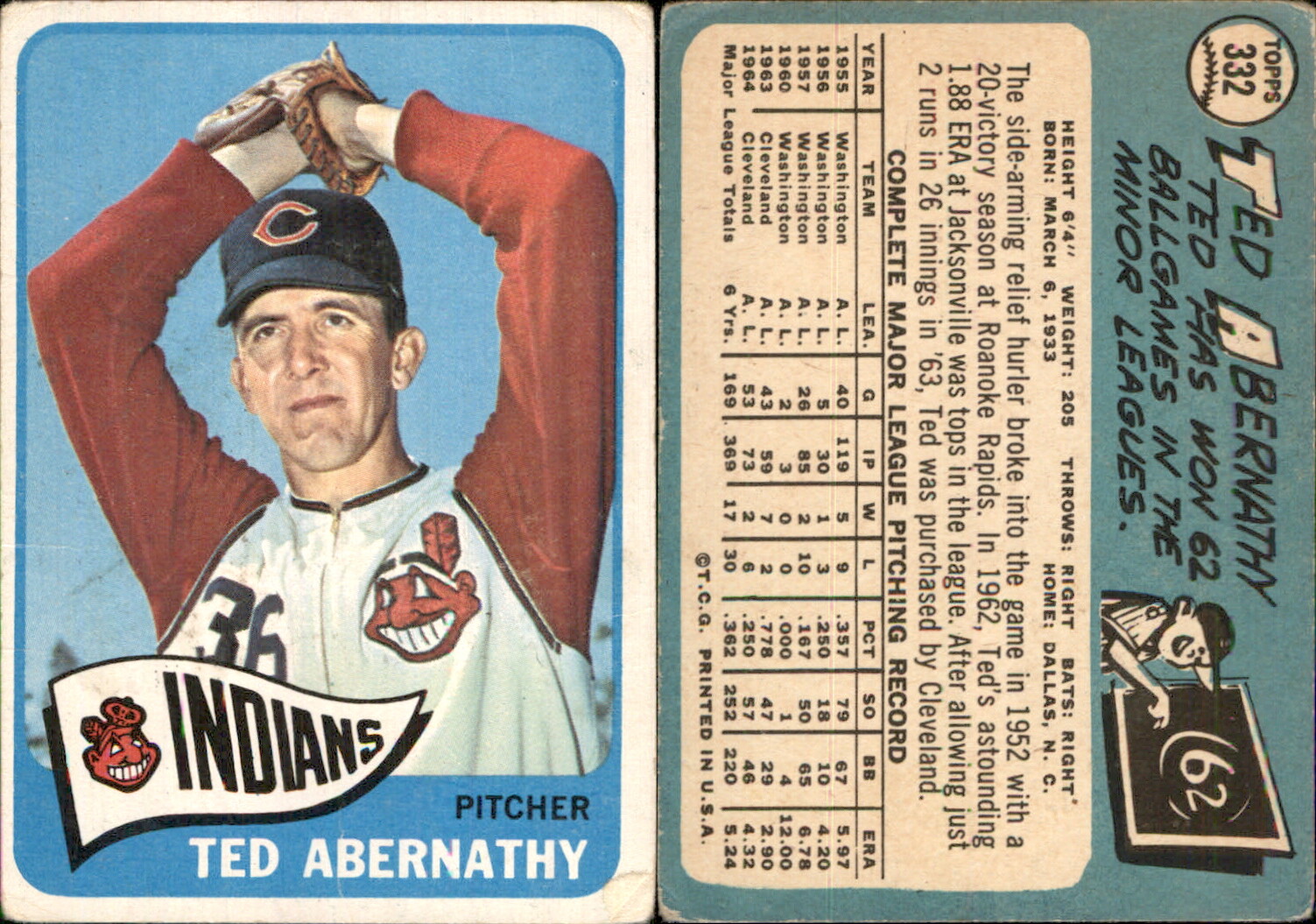 Ted Abernathy 1965 Topps #332 Card Cleveland Indians FREE SHIP ...