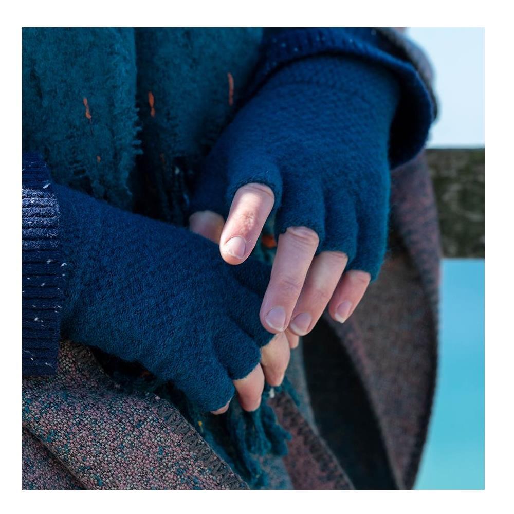 Knitted Fingerless Gloves Cosy Teal Blue Unisex One Size Fine Waffle ...