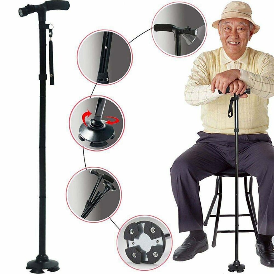 LED Walking Stick Cane Safety All Terrain Pivoting Base Folding Cane ...