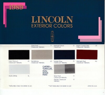 1989 LINCOLN US Color Chart CONTINENTAL MARK VII LSC TOWN CAR Designer ...