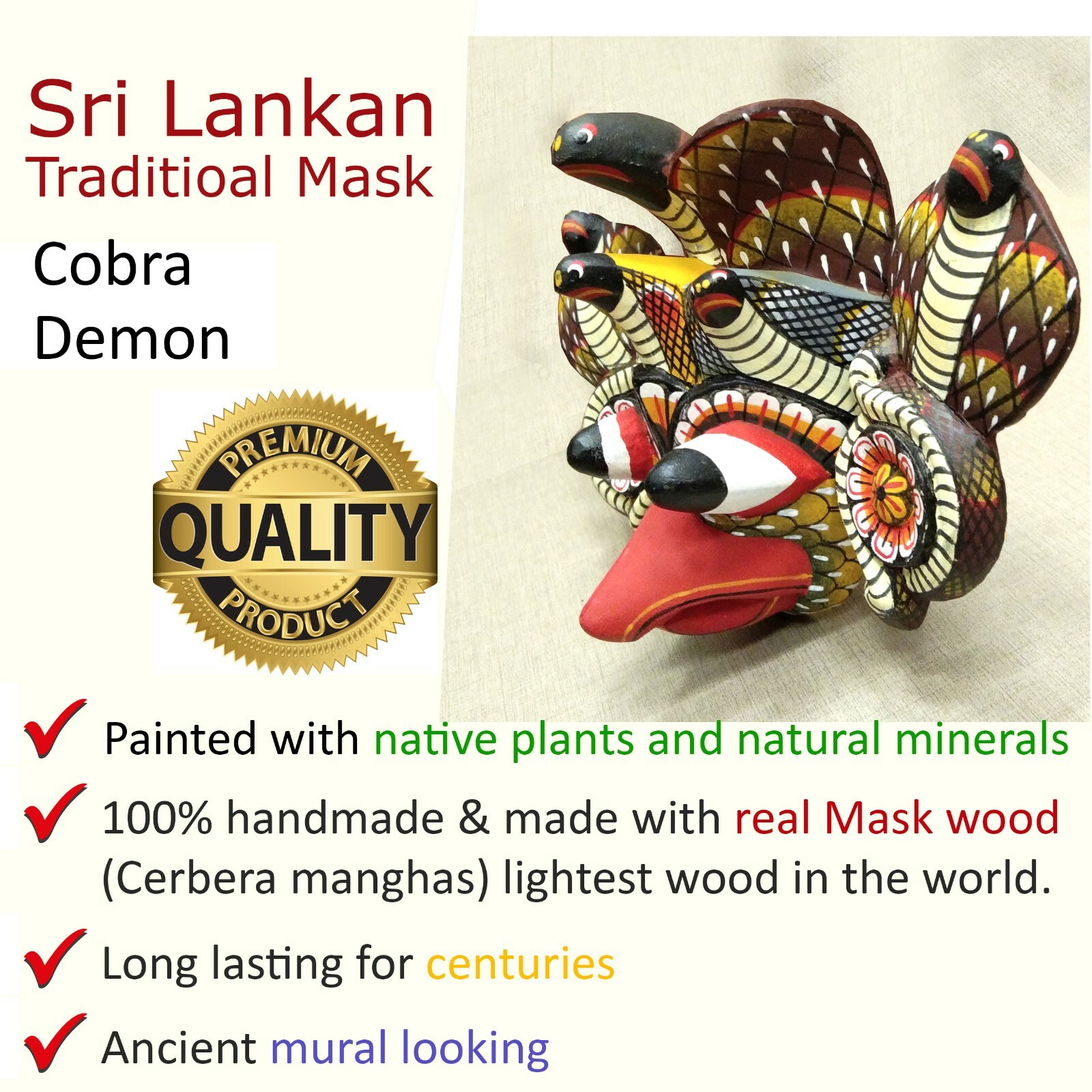 Ceylon Traditional Masks Handmade Cobra Demon Wall Hanger Devil Home ...
