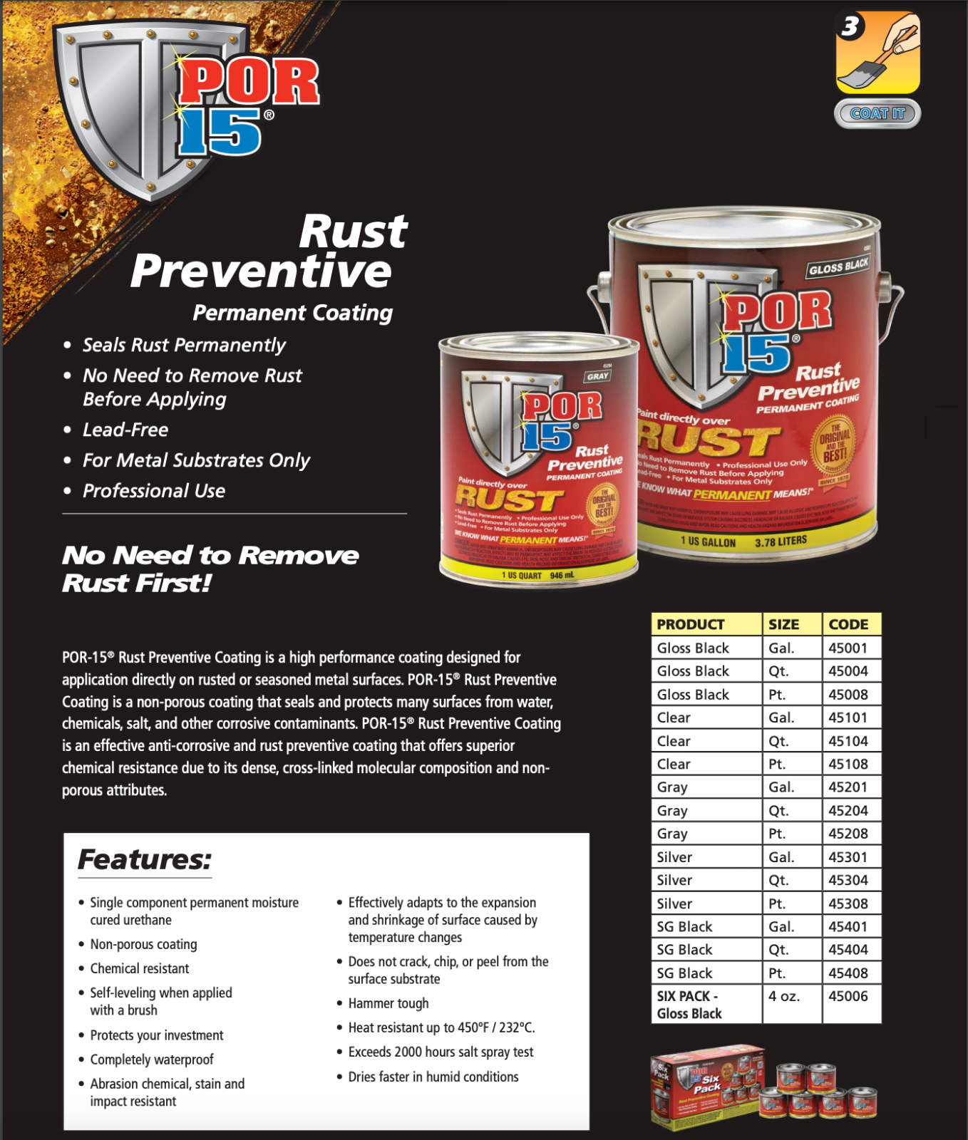 [6-Pack] POR-15 45006 (Gloss Black Rust Preventative Coating 4 oz Each ...